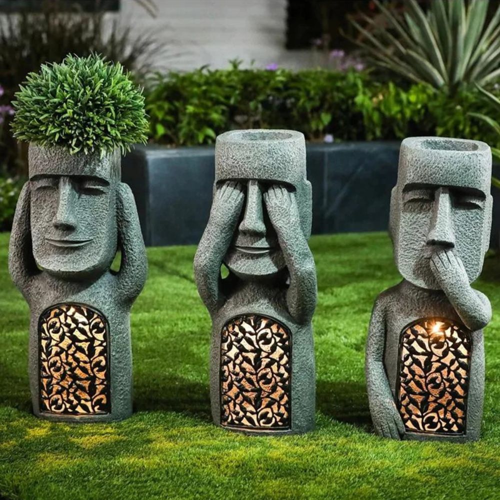 Solar Resin Moai Garden Statue with Planter & LED Light – Sydney Fraiser